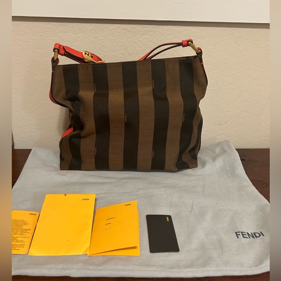 Fendi | Bags | Fendi Small Pepuin Stripe Canvas And Red Leather | Poshmark
